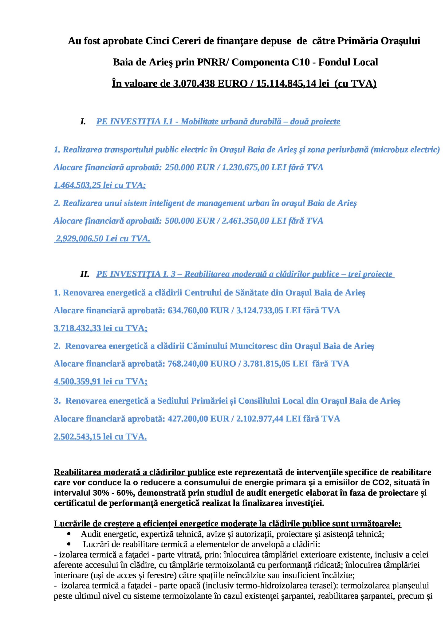 PROIECTE APROBATE PNRR 2022 – Baia de Aries